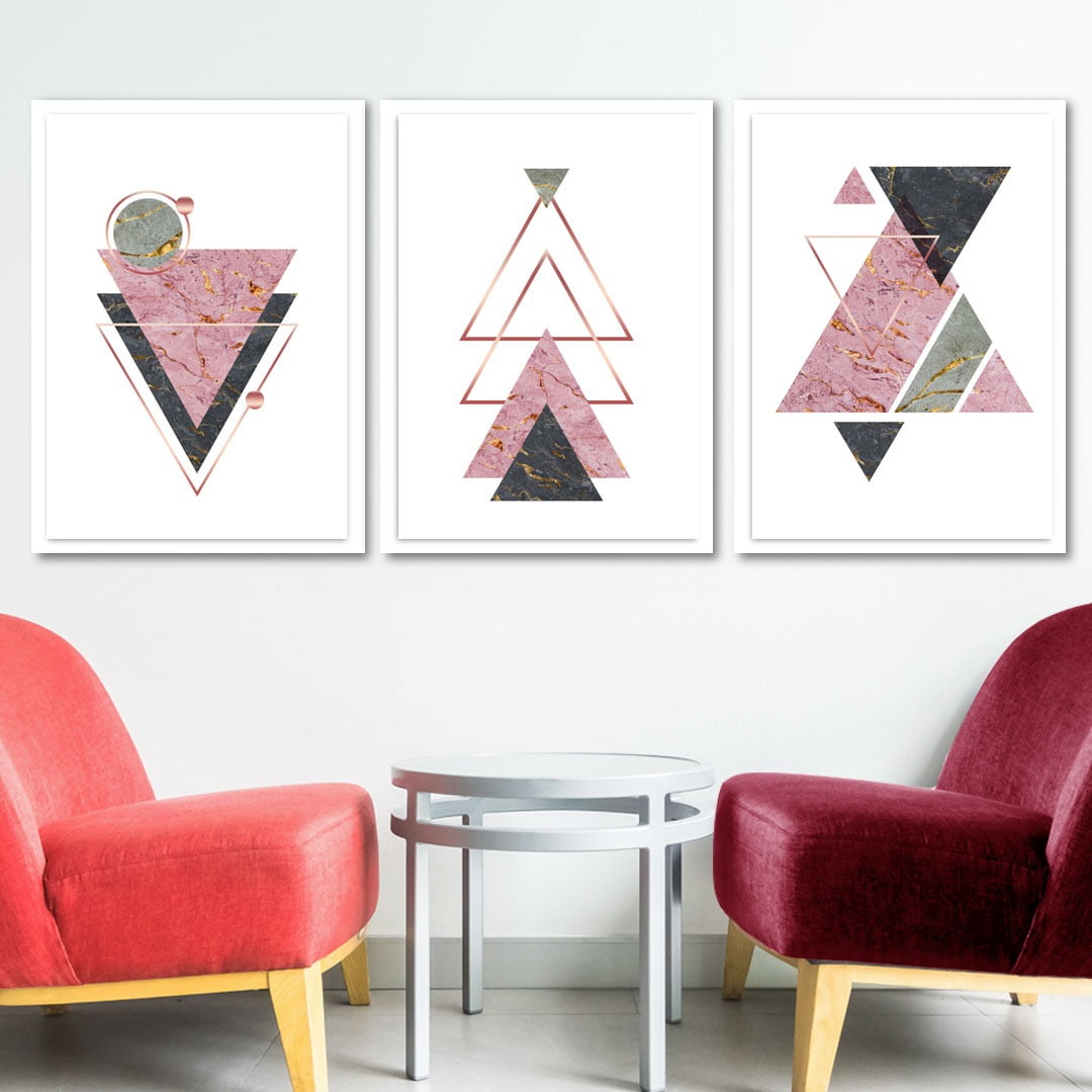 Conjunto de 3 Quadros Decorativos para Sala Triângulos II - Rosê Conjunto de 3 Quadros Decorativos para Sala Triângulos II - Rosê